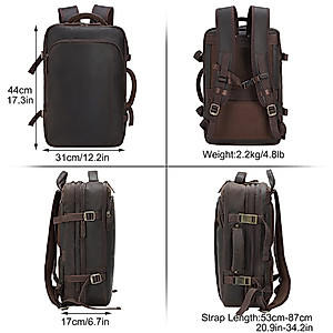 Masa Kawa Vintage Leather Backpack for Men Fits 15.6 Inch Laptop Expandable 36L Business Travel Carry On Backpack School Daypack Weekender Bag