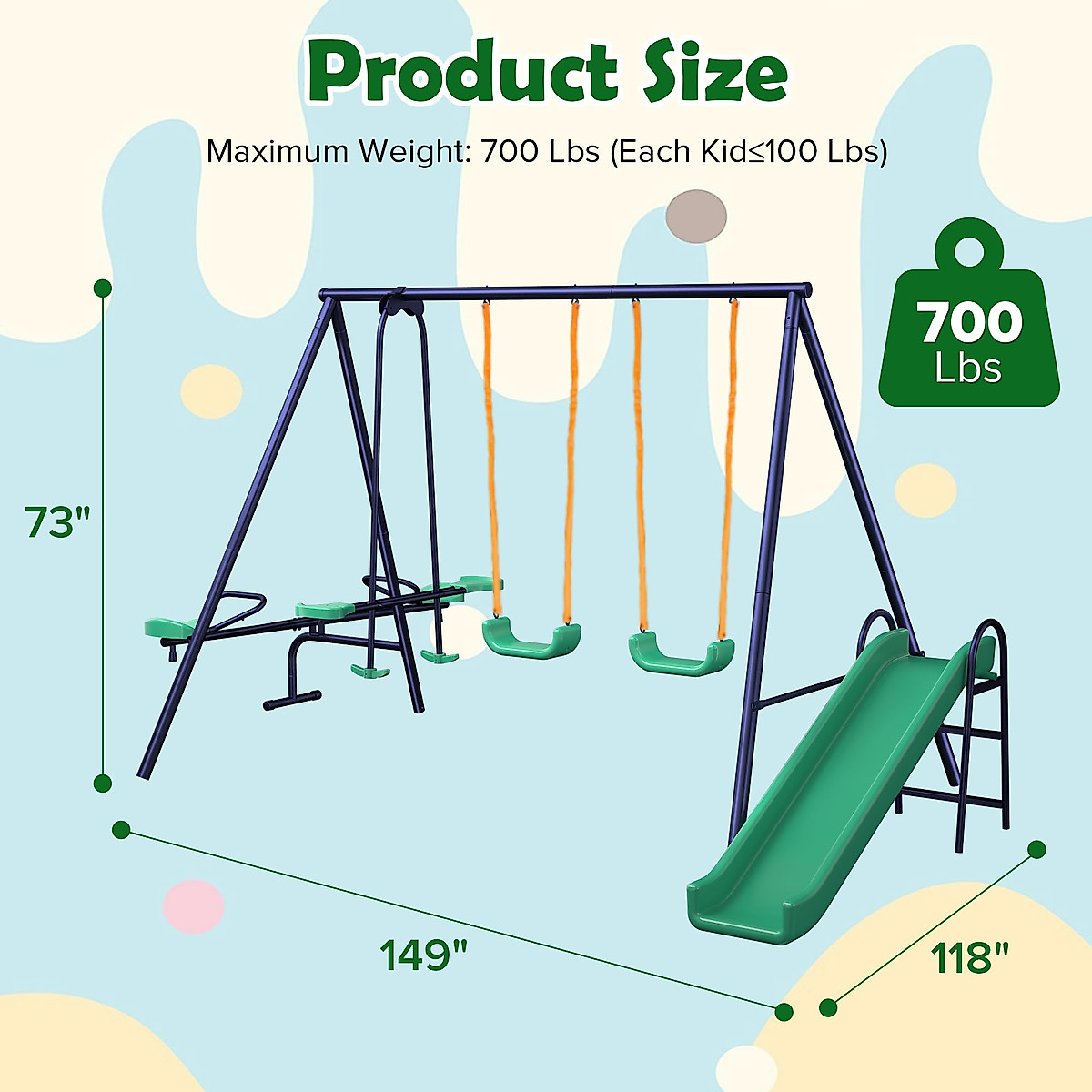 Dithoko 4 in 1 Multifunction Kids Swing Set, Metal for Backyard, Outdoor Heavy Duty Extra Large Frame with 2 Adjustable Swing, 1 Glider, 1 Slide and 1 Teeter-Totter