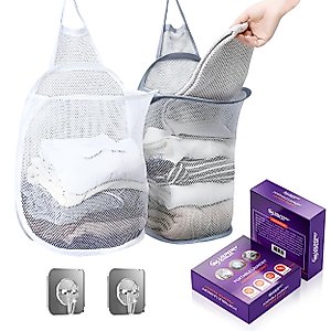 Laundry Ninja Hanging Laundry Hamper Laundry Hamper Separation Baskets, Mesh Laundry Bag, Hanging Hamper – Wall Mount Hamper Suitable for Clothes, Toys, and Good for Hotel Use in 2 pack (White&Gray)