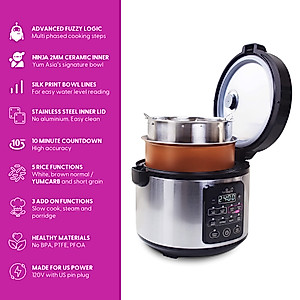 Yum Asia Kumo YumCarb Rice Cooker with Ceramic Bowl and Advanced Fuzzy Logic, (5.5 Cups, 1 Litre), 5 Rice Cooking Functions, 3 Multicooker Functions, 110V US Power (Light Stainless Steel)