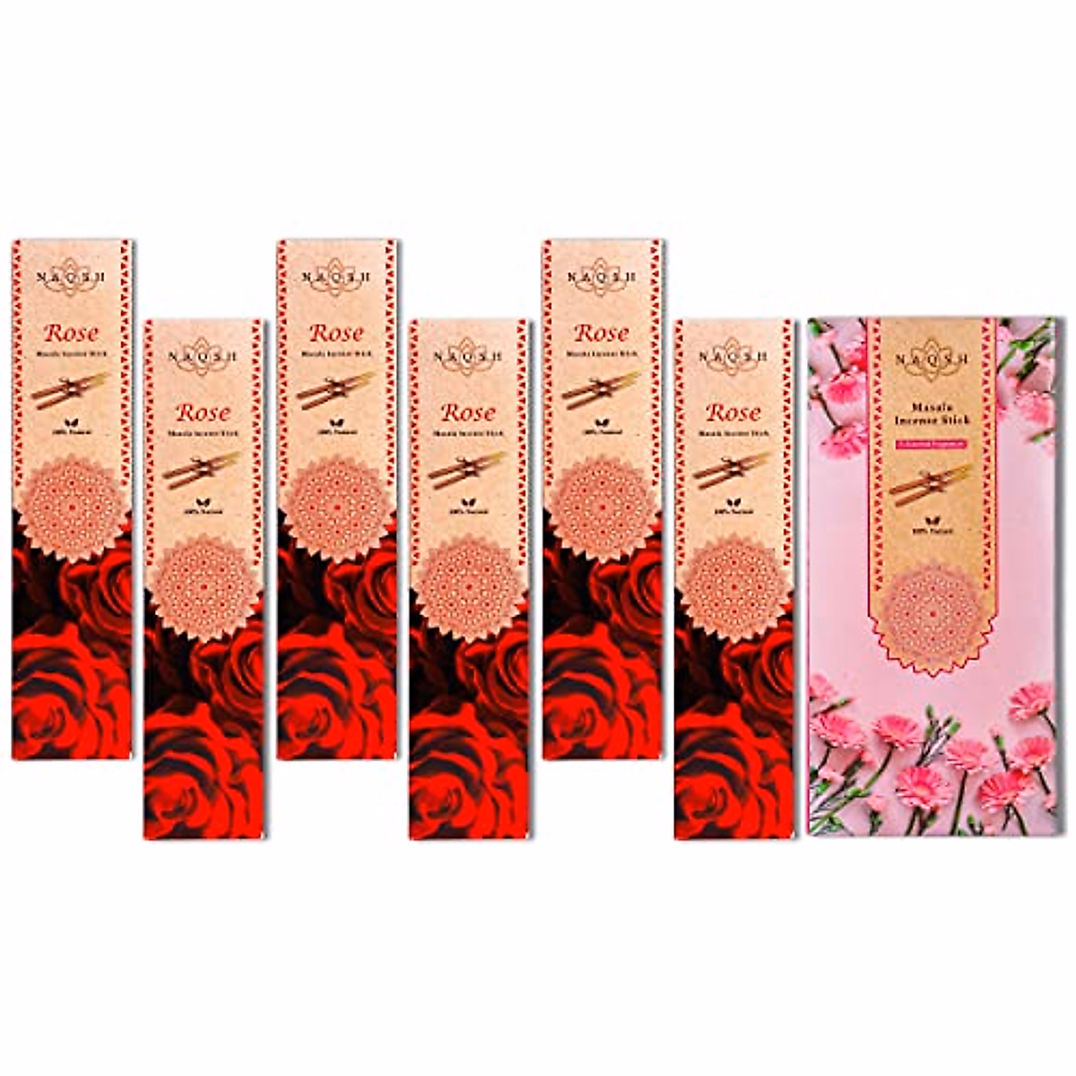 NAQSH Masala Incense Sticks 125gm - 6x20 Pack, Total 120 Sticks 100% Organic Hand Rolled Natural Fragrances with Free Wood Holder for Aromatherapy & Meditation, Yoga, Positivity & Relax (Rose)