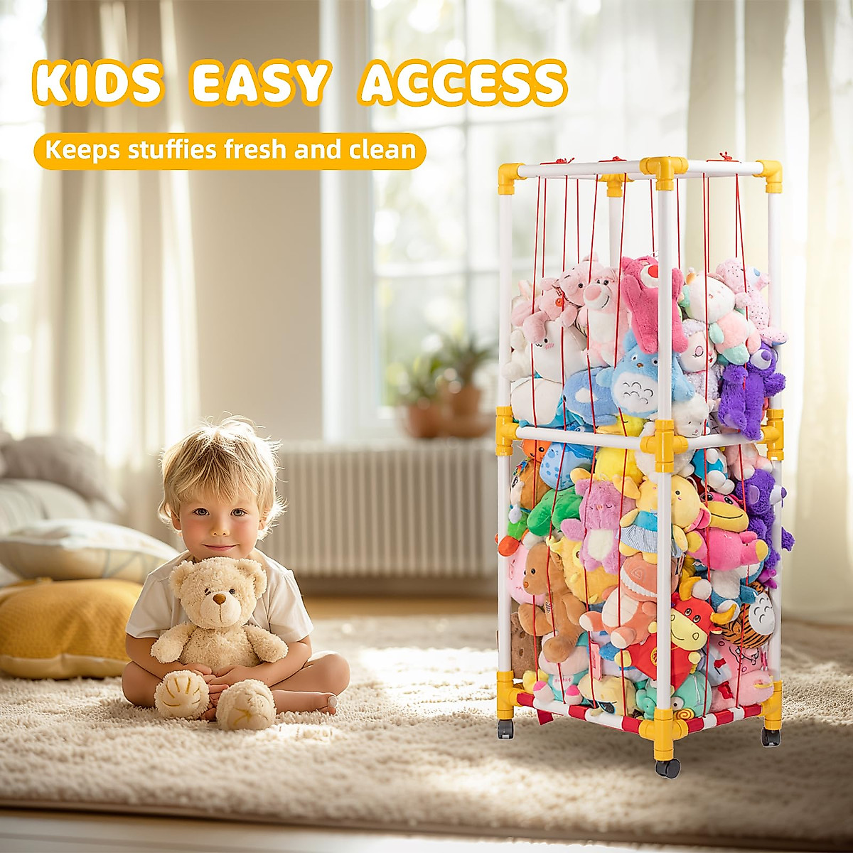 Display Riser Upgrade Stuffed Animal Storage, Large Stuffed Animal Organizer with Elastic Band and Net, Space Save Plush Toy Holder, PVC Stuffed Animal Zoo Cage for Nursery Play Room