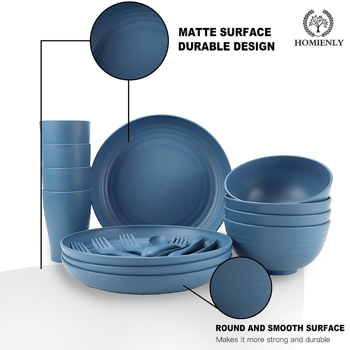 Homienly Wheat Straw Dinnerware Sets, 20pcs Unbreakable Microwave Dishwasher Safe Tableware Lightweight Bowls, Cups, Plates Set Reusable Dinner Plates Bowls set (Blue)