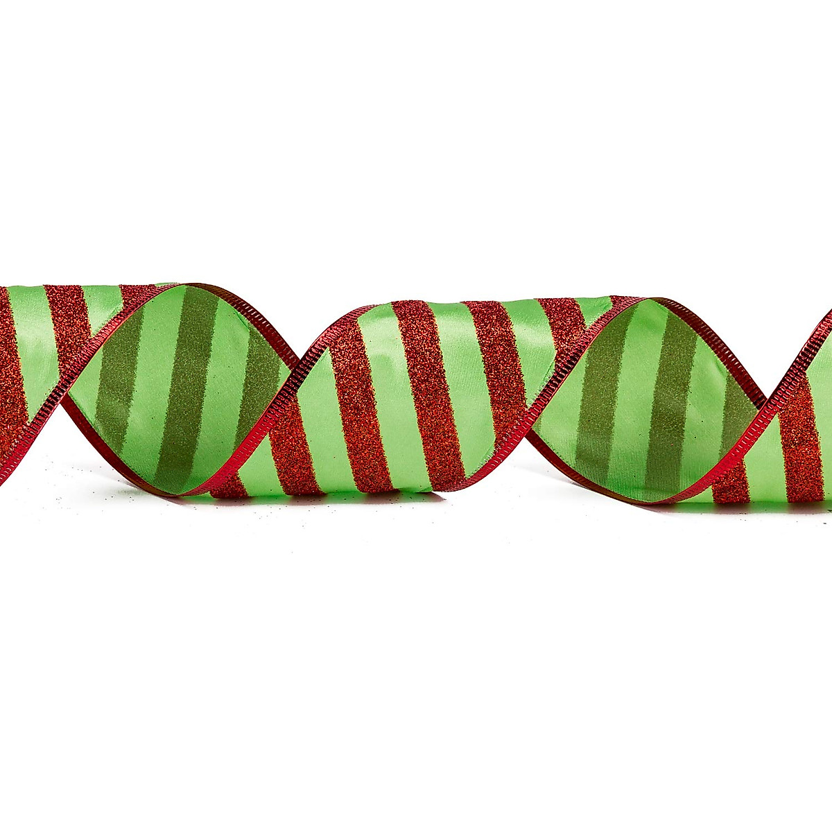 LaRibbons Wired Christmas Holiday Ribbon - Green with Red Glitter Stripe Ribbon - 2.5 inch x 25 Yard Each Roll - Red Wired Edge