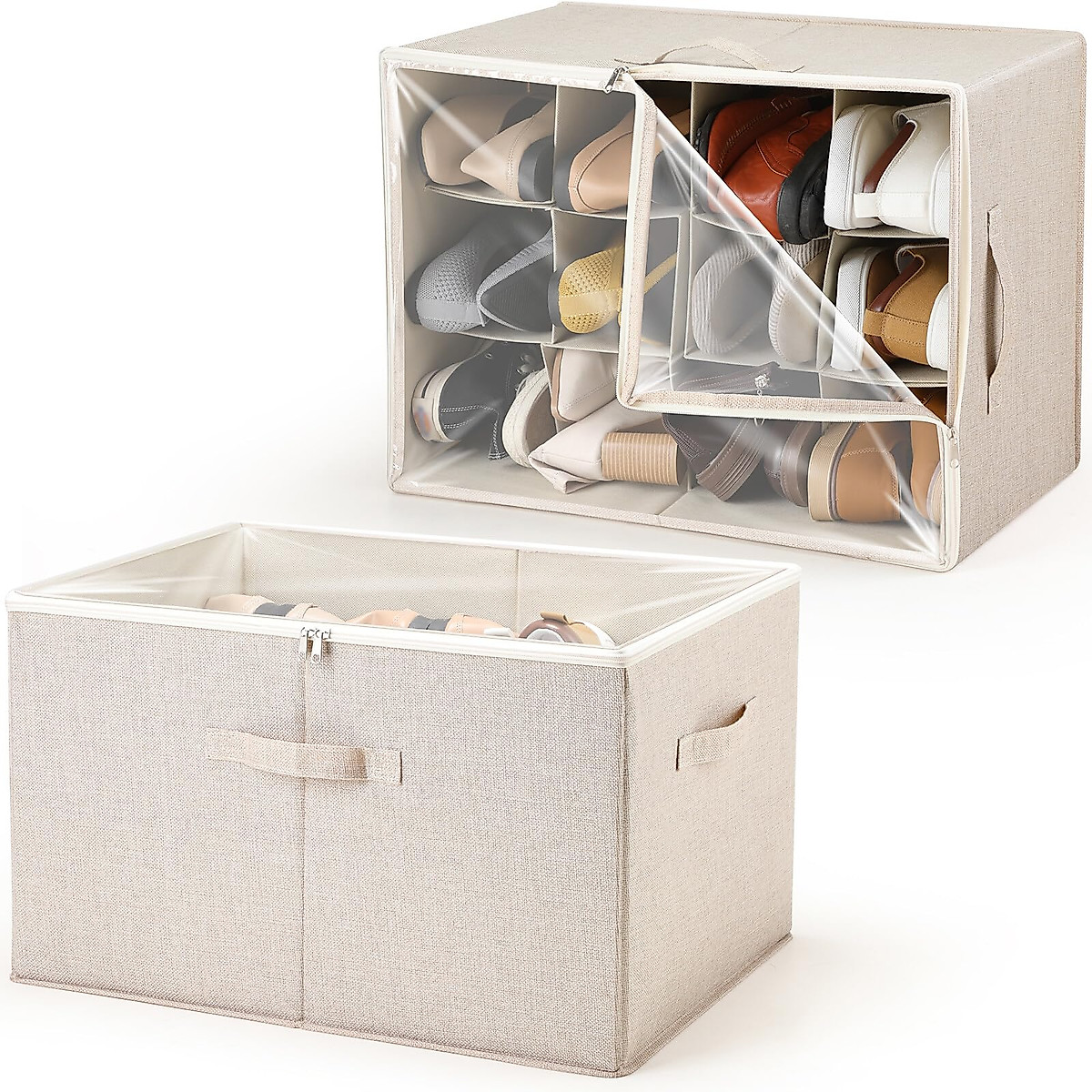 Homaisson 2-Pack Shoe Storage Organizer for Closet, Large Shoe Box Storage + 3 Pack Bed sheet organizers and storage, Foldable Sheet Set Organizers for Linen Closet (Khaki+Grey)