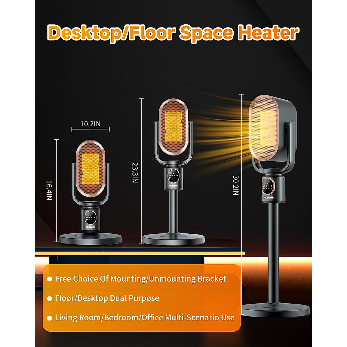 Space Heaters for Indoor Use, 30" Electric 1500W PTC Heater with Night Light Oscillation,Remote Control 3 Mode & 8H Overheat Tip-Over Protection Adjustable Height Ceramic Heater for Bedroom Office Use