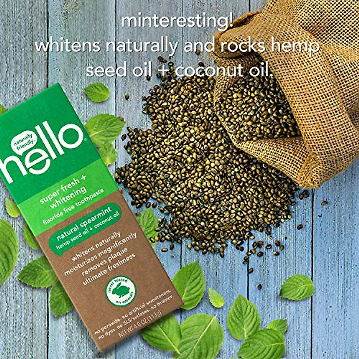 Hello Vegan Fluoride Free Toothpaste, Super Fresh Spearmint, Naturally Whitening Toothpaste, Hemp Seed Oil + Coconut Oil, Helps Remove Plaque, No SLS/Sulfates, 4 Ounce