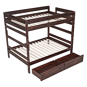Full Over Full Bunk Bed with 2 Drawers, Solid Wood Bunk Bed Frame with Ladders & Storage Drawers, Bedroom Furniture Can Be Divided Into Two Individual Beds