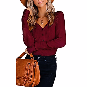 PRETTYGARDEN Womens Long Sleeve Tops - Sexy V Neck Button Ribbed Knit Sweatshirts (Wine Red,Large)