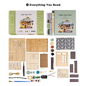 ROBOTIME DIY Dollhouse Miniature Wooden Light Music Bar Kit with LED to Build Miniature Craft Kits for Adults Decent Gift