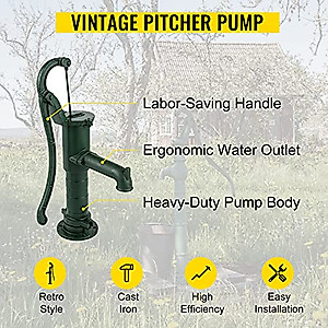 VEVOR Antique Hand Water Pump 14.6 x 5.9 x 26 inch Pitcher Pump w/Handle Cast Iron Well Pump w/ Pre-set 0.5" Holes for Easy Installation Old Fashion Pitcher Hand Pump for Home Yard Ponds Garden Green