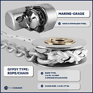 Five Oceans Horizontal Windlass Anchor System, Windlass Atlantic 600 Watts, 12V DC, Max Limit Pulling Power 1200 Lb, Solenoid, 60A Circuit Breaker, Up/Down Foot Switch and Rocker Switch - FO3930