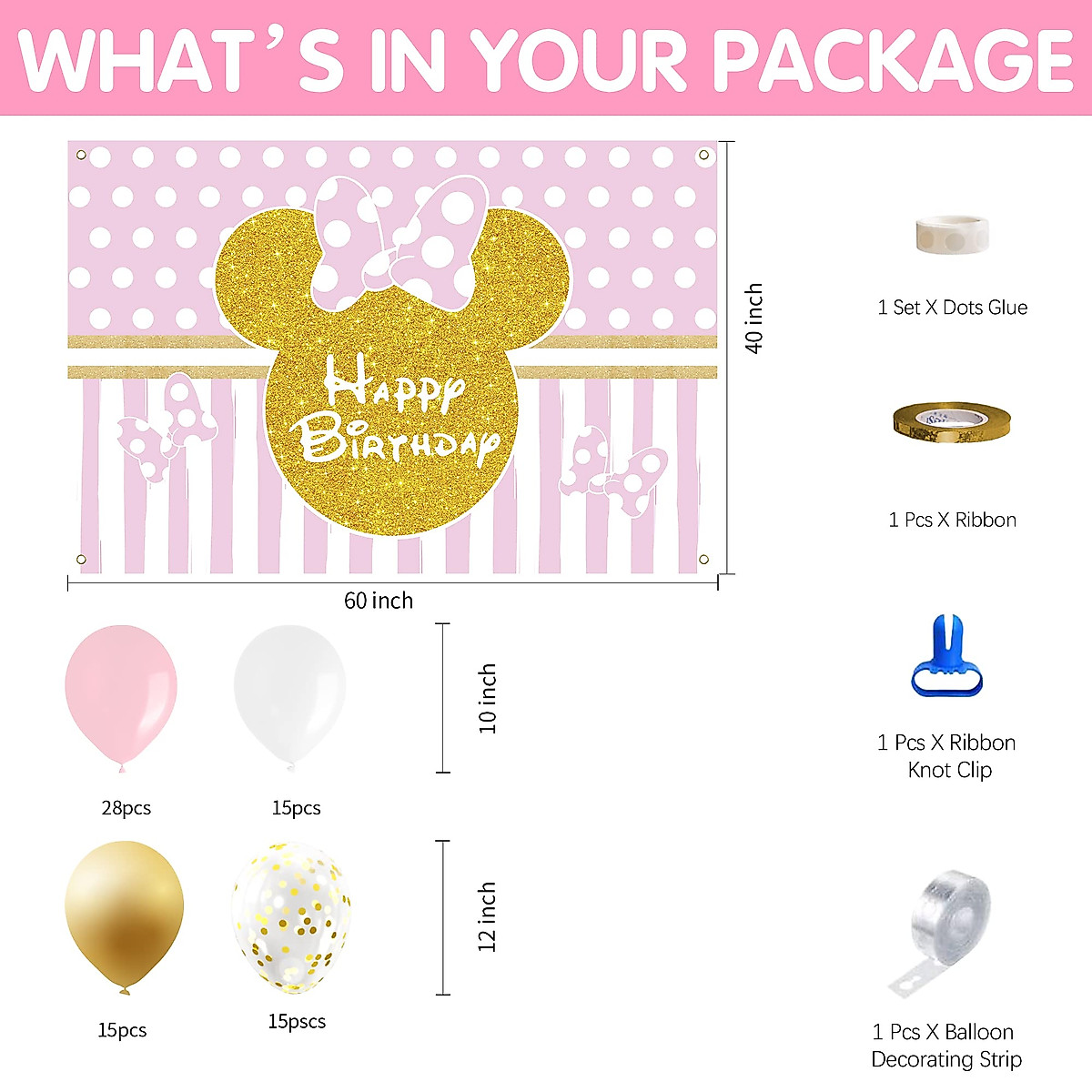 HIPVVILD Minnie Birthday Party Supplies, Minnie Theme Mouse Decorations Tableware, Plate, Napkin, Cup, Backdrop, Balloon Arch, Tablecloth, Cutlery, Minnie 1st 2nd 3rd Birthday Decorations | Serve 24