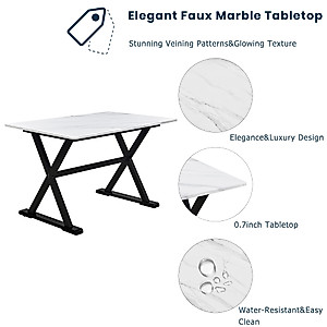 LZ LEISURE ZONE Dining Table Set, Solid Wood 5-Piece Dining Set with Faux Marble Tabletop and Upholstered Dining Chairs for 4, Dining Room Sets, White+Beige
