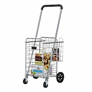 XYYSSM Iron 1100mm Telescopic Armrest 0.8mm 16# Round Tube 30kg Silver Foldable Shopping Cart, Shopping Cart with Dual Swivel Wheels for Groceries - Compact Folding Portable Cart Saves Space