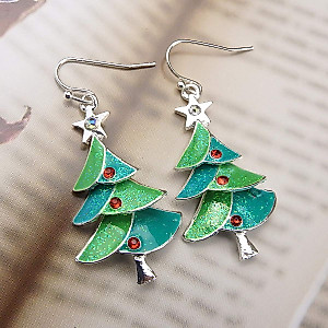 RareLove Green Christmas Tree with Star Red Rhinestone Pierced Dangle Earrings CZ Crystal Silver Plated Alloy Holiday For Women