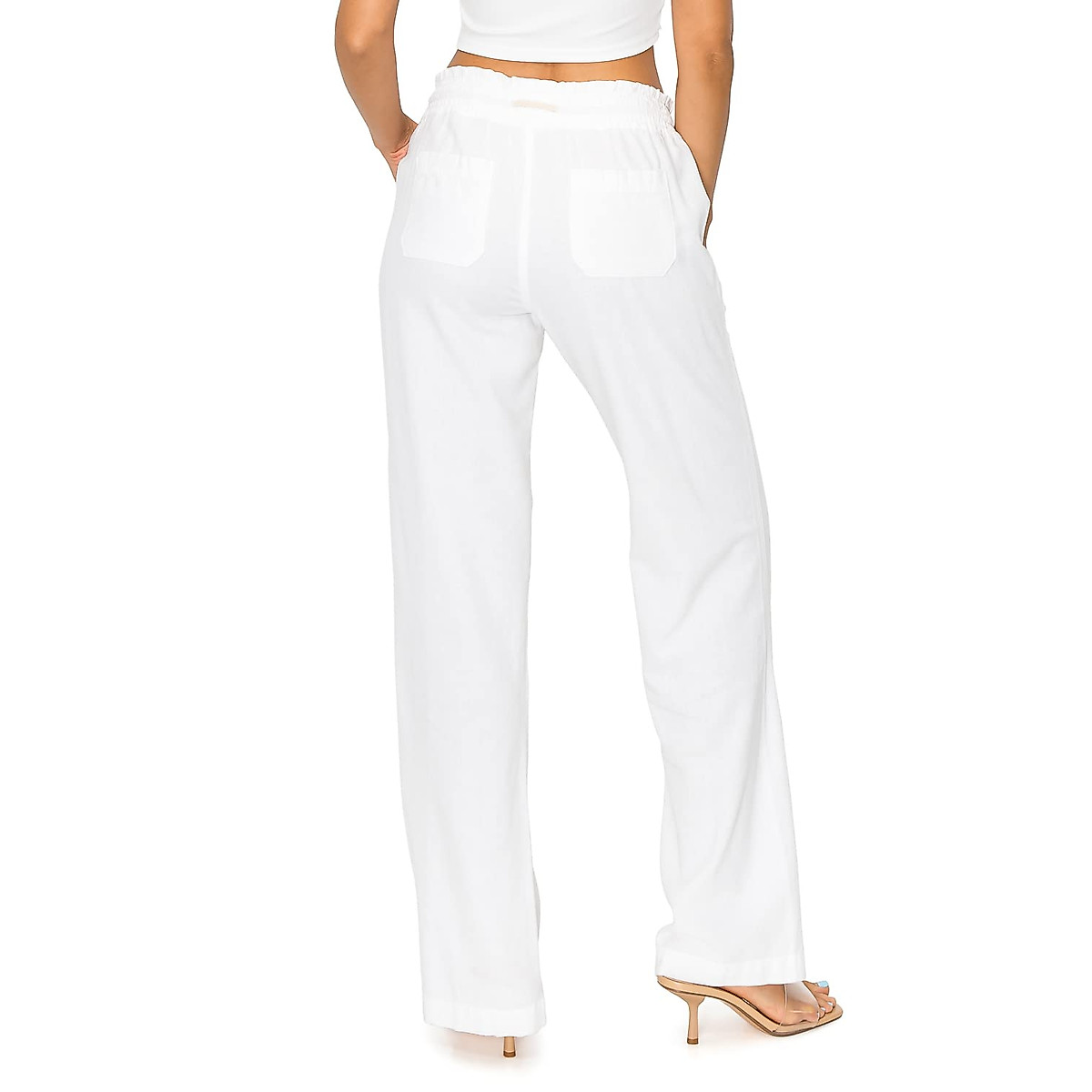 Cali1850 Women's Casual Linen Pants 32" Inseam Oceanside Drawstring Smocked Waist Lounge Beach Pants with Pockets White X-Large