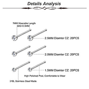 REVOLIA 60-120Pcs 22G 316L Stainless Steel Nose Studs Rings Piercing Body Jewelry 1.5-2.5mm S