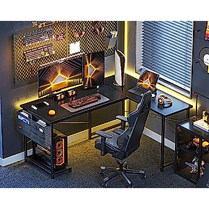 ODK L Shaped Desk with Storage Bag - 50 Inch Home Office Desk with Host Stand, Black Reversible Computer Corner Desk for Bedroom Studio, Modern PC Gaming Desk for Study Writing