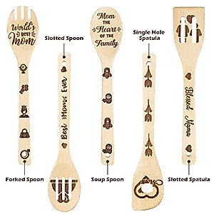 Eartim 5Pcs Mothers Day Wooden Spoons Utensils Set, Non-Stick Cooking Utensils Carve Burned Bamboo Spoons Spatula Kitchen Cookware Gadget Decor Kit Mothers Day Mom Birthday Fun Gift Idea