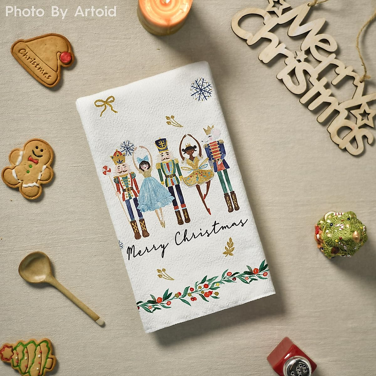 Artoid Mode Nutcrackers Xmas Balls and Trees Merry Christmas Kitchen Towels Dish Towels, 18x26 Inch Snowflakes Decoration Hand Towels Set of 2