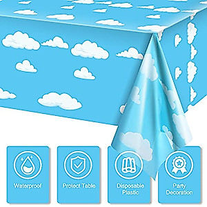 Blue Sky White Clouds Birthday Party Supplies Cartoon Story Tablecloth Party Table Cover Cartoon Table Banner for Baby Kids Shower Birthday Party Decorations, 54 x 108 Inch（1）