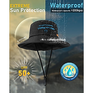 Waterproof Bucket Hats for Women Men Foldable Brim UPF 50+ Floppy Cowboy Rain Hat UV Protection Boonie Sun Hats for Hiking Black