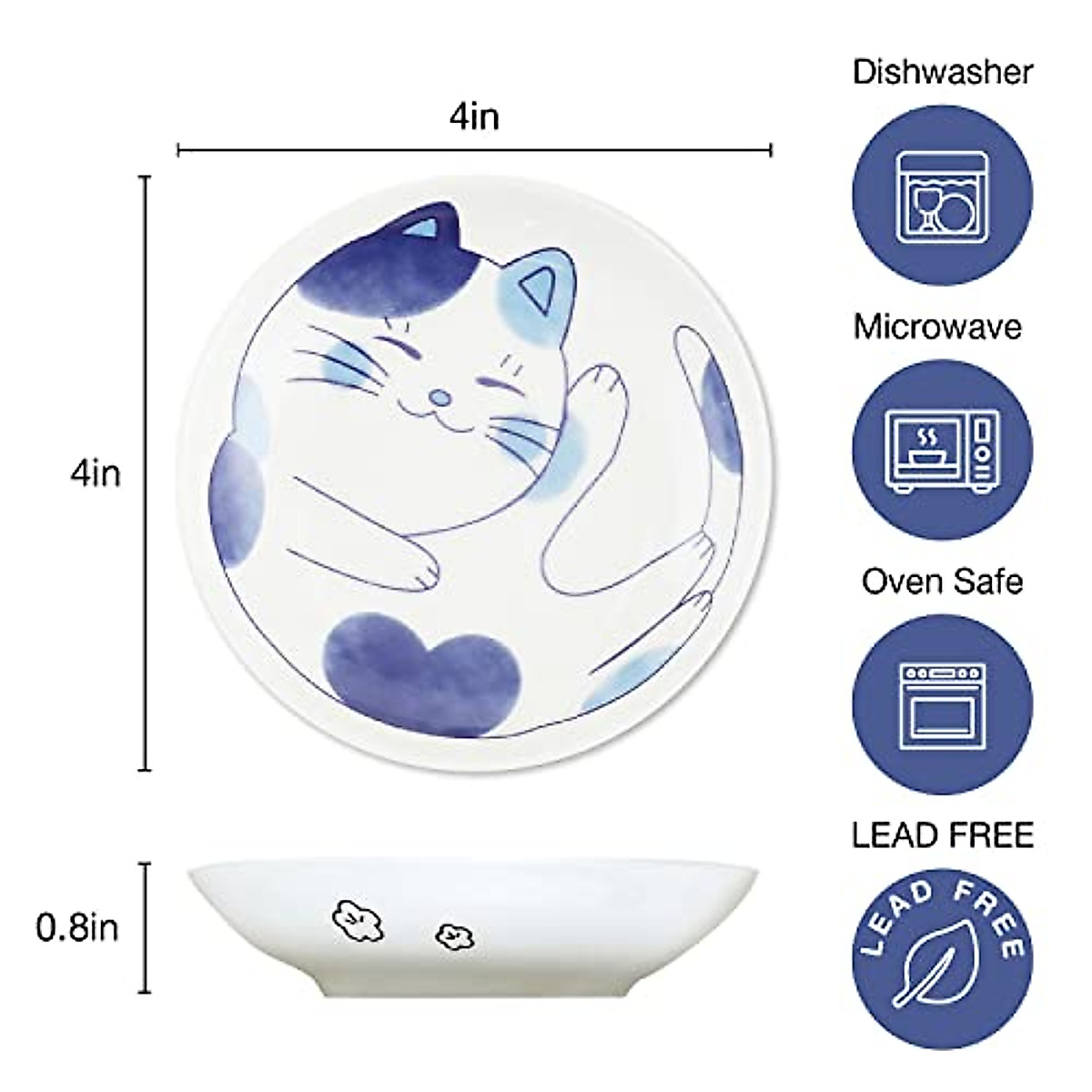 HAKONE YOSEGI Japanese Small Plate Set Ceramic Cute Cats Design Appetizer Dessert Sushi Sauce 3.94 x 0.8 Inches Set of 4