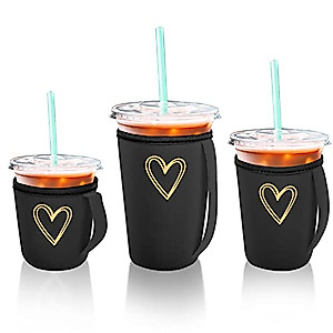 Fycyko Iced Coffee Sleeves with Handle-3 Pack Reusable Insulator for Cold& Hot Drink Cups,Love Heart Cute Neoprene Iced Coffee Cup Sleeve,Compatible with Starbucks Dunkin McDonalds More,Black