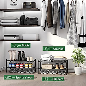 kiplant 2-Tier Black Bamboo Shoe Rack, Stackable Bamboo Wood Shoe Rack for Closet, Entryway & Hallway