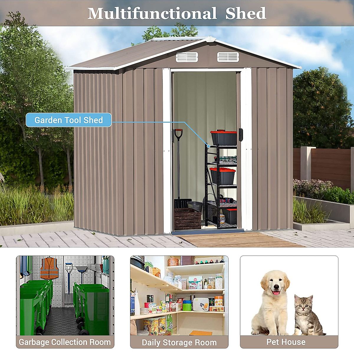 Merax Outdoor Storage Shed, 6 x 4 FT Metal Garden Shed Steel Tool Shed Storage House with Adjustable Shelf and Lockable Door,Tool Cabinet with Vents and Foundation for Backyard, Patio & Lawn, Brown