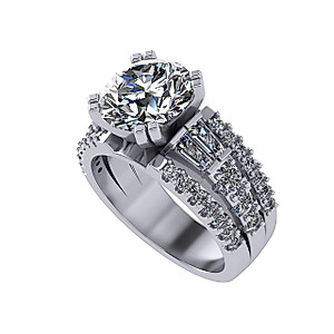 Central Diamond Center Sterling Silver Round & Baguette Engagement Ring with a 9.00mm - 3.00ct Round Center Stone - Size 4.5
