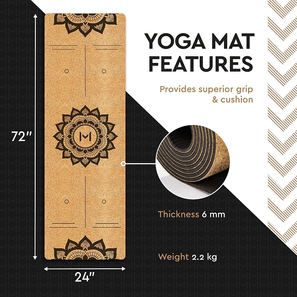 Motivated Mindset Eco-Friendly Cork Yoga Mat | Premium Design, Natural Sustainable Cork | Non-Slip Exercise Mat Great for Yoga, Pilates, & Home Workouts | Extra Large Size (72 in x 24 in x 6 mm Thick)