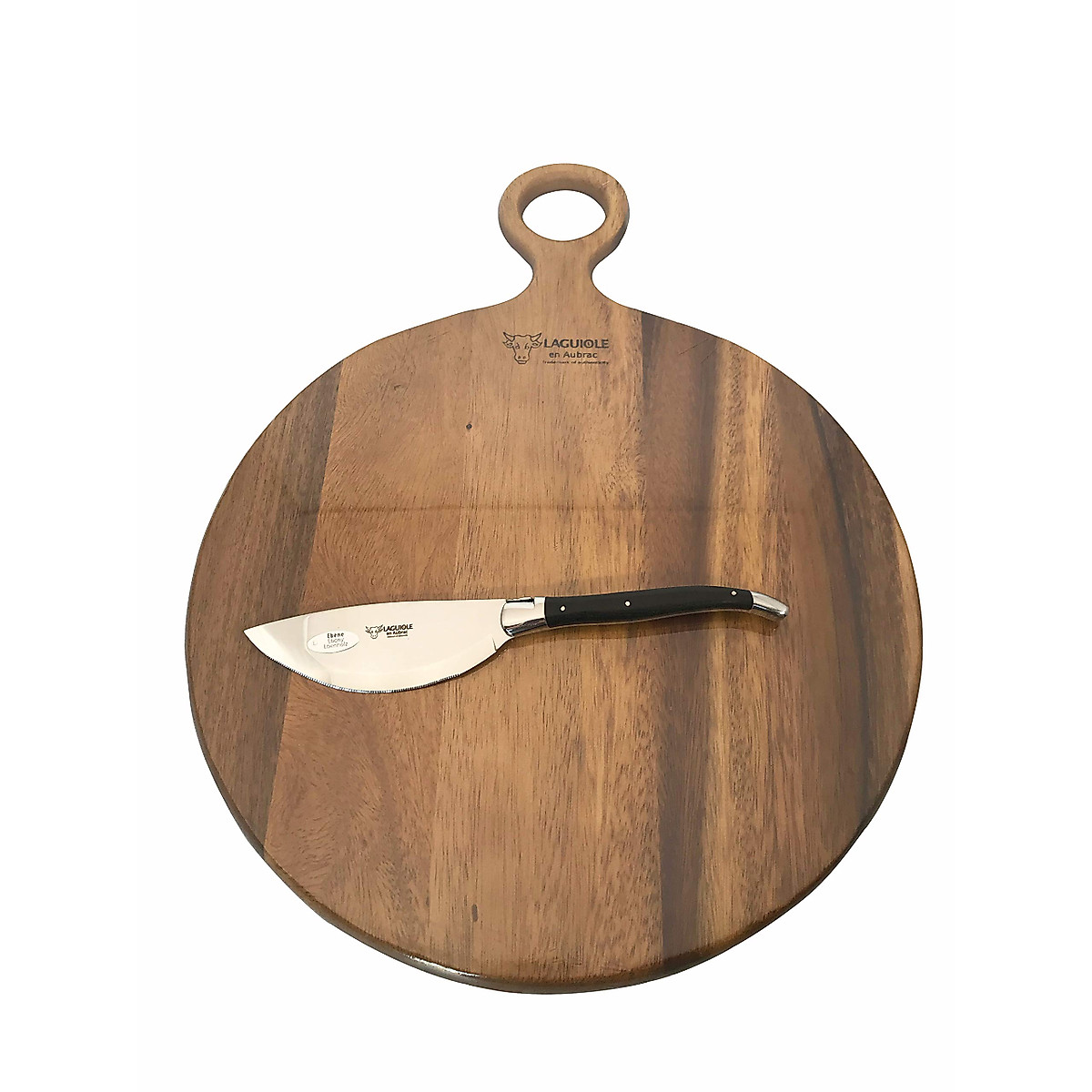 Laguiole en Aubrac Round Solid Maple Pizza Wood Cutting Board for Serving, Chopping or Charcuterie Platter, 35cm / 14-Inch With Pizza Cutter, Ebony Handle