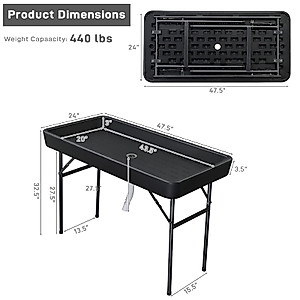 VINGLI 4 Foot Party Ice Cooler Folding Table, Portable Tailgate Camp Fishing Cleaning Table, Plastic with Matching Skirt, Ice Table for Party, BBQ, Camping,Picnic (Black)
