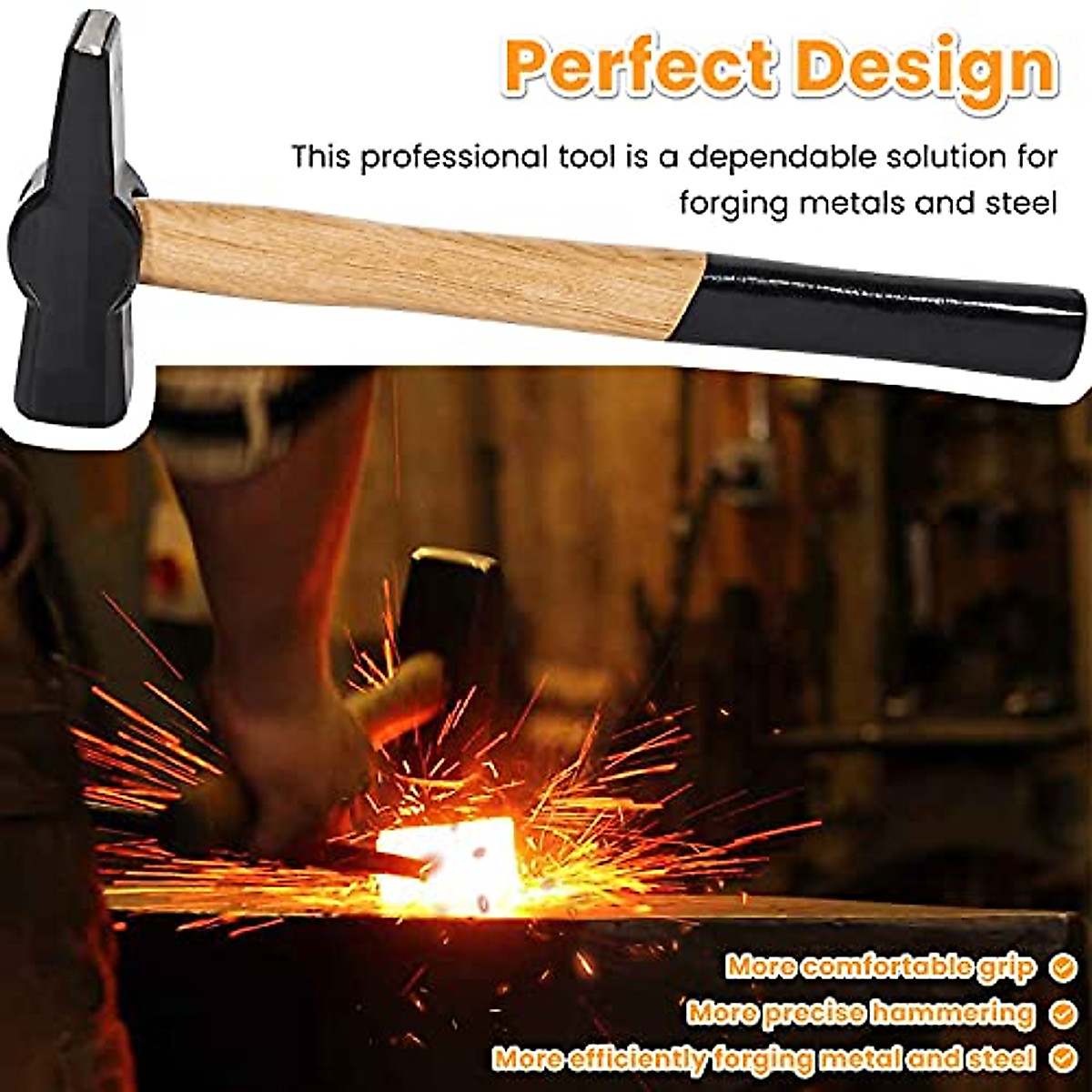 Blacksmith Tongs+Hammer Set Knife Making Tongs Wolf Jaw V-Bit Tongs Starter Beginner Bladesmith Metalworking Forge Anvil Vise Tool 0000811-1000 (3 PCS)