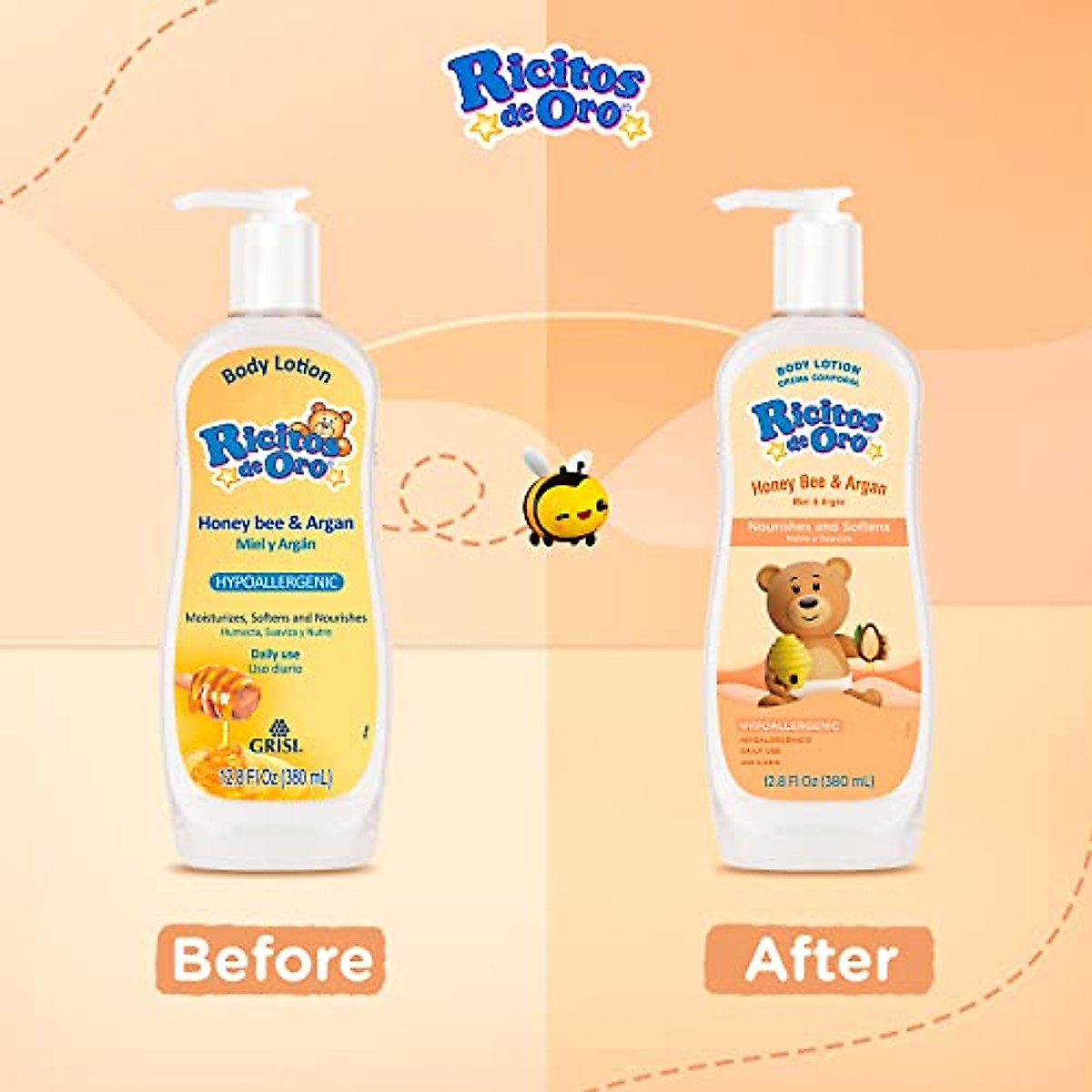 Ricitos de Oro Honey and Argan Baby Body Lotion That Helps Smooth Baby Skin -Hypoallergenic with Honey Bee Extract Delicious Scent, 2-Pack of 12.8 FL Oz Each, 2 Bottles.
