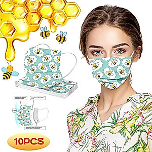 Hozxclle 50 PC Adult Summer Disposable Face_Masks Bee Floral Printed Print Face Bandanas Facecover Breathable 3 Ply Filter,Green