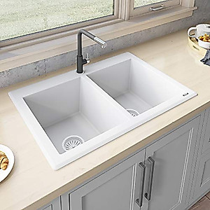 Ruvati 33 x 22 inch Drop-in Topmount Granite Composite Double Bowl Kitchen Sink - Arctic White - RVG1388WH