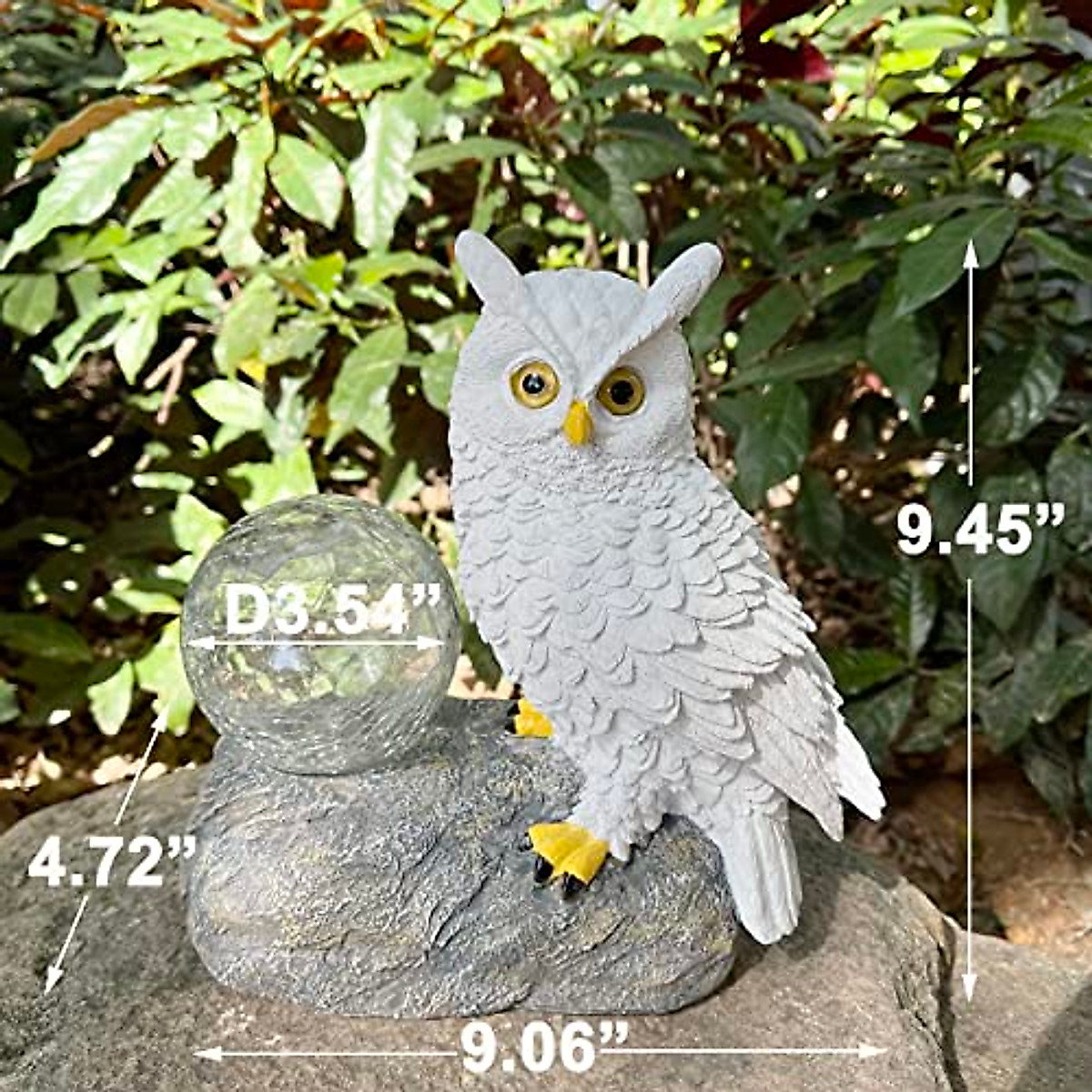 ARTCOS Garden Solar Lights Outdoor Decorative Pure White Owl Statue with Crackle Glass Globe LED Lights for Backyard, Lawn, Patio Decoration (Big)