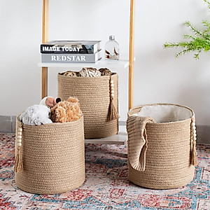 Mkono Storage Baskets Set of 3 Small Woven Cubes Bins Basket Organizer Decorative Wooden Beads Tassel 11" Jute Rope Shelf Baskets Home Decor for Living Room Closet Organizing Nursery Bedroom
