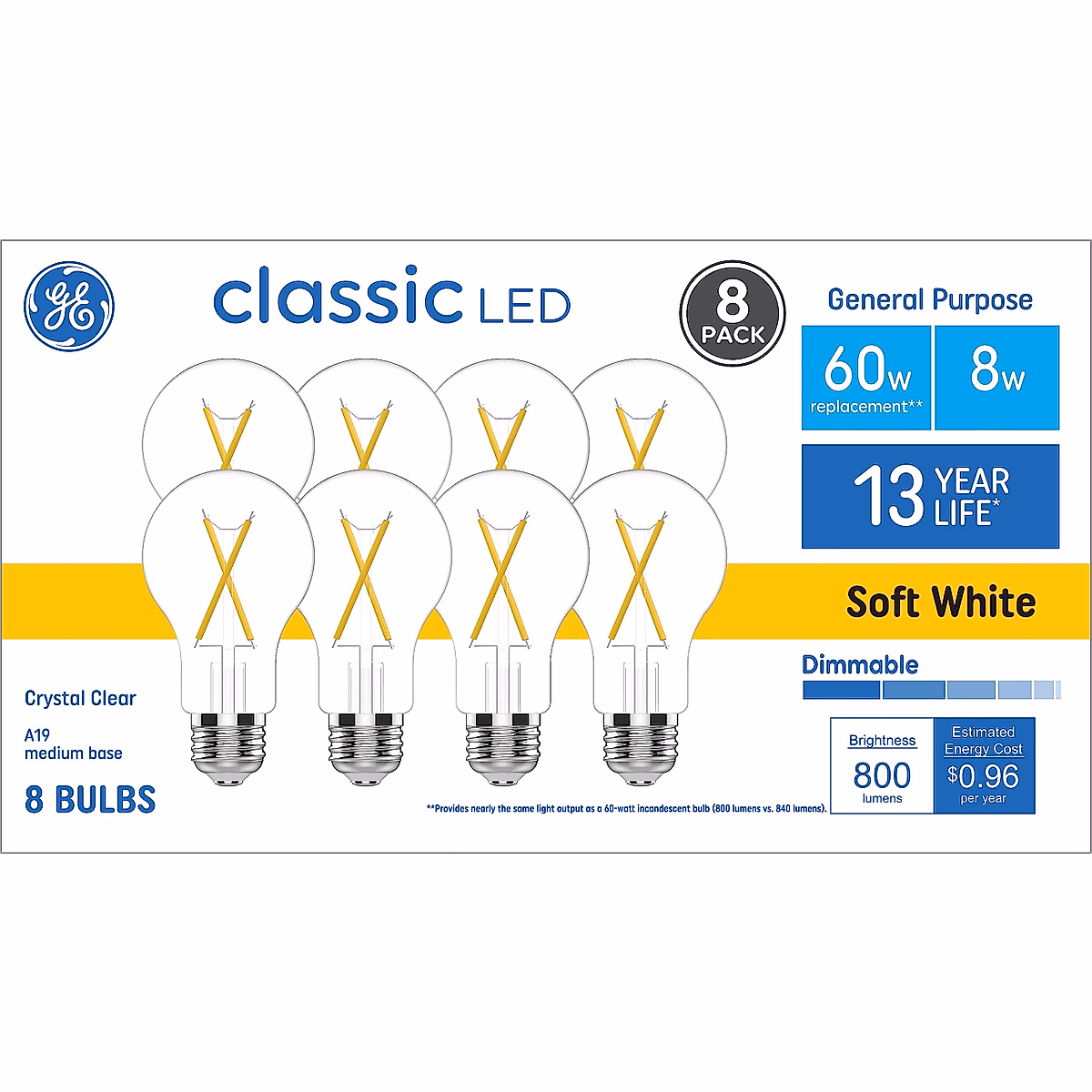 GE 60 Watt EQ A19 Classic Crystal Clear Soft White Medium Base (e-26) Dimmable LED Light Bulb 8-Pack