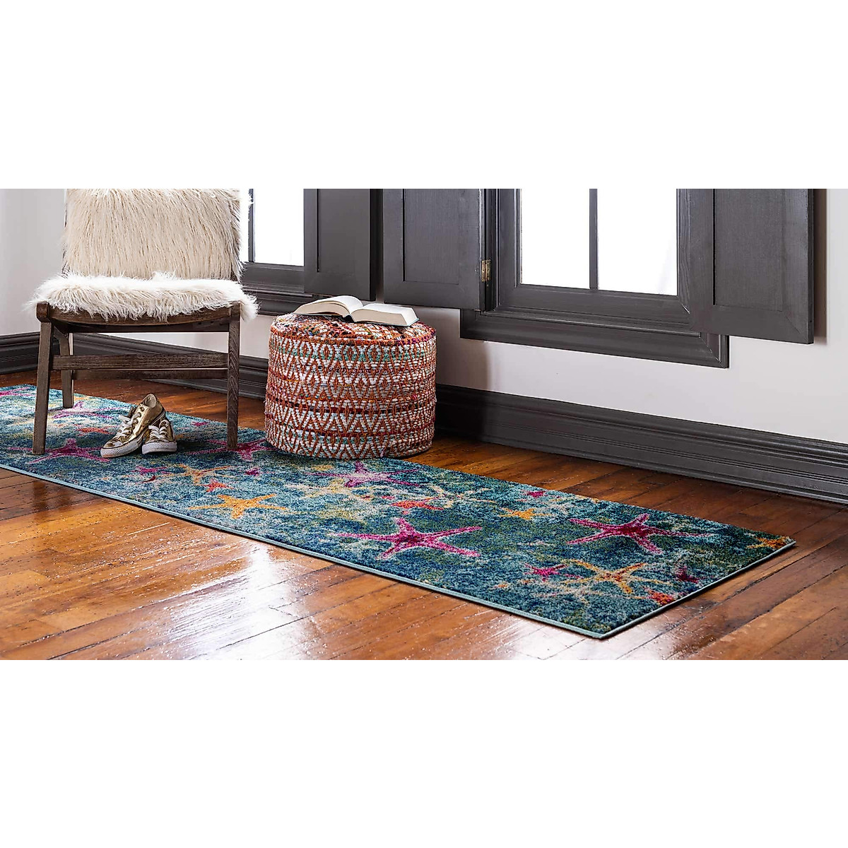 Unique Loom Positano Collection Coastal Modern Bright Colors Starfish Navy Blue Runner Rug (3' x 10')