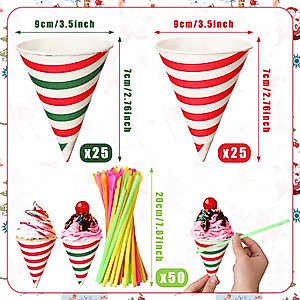 Tioncy 50 Pcs Christmas Snow Cone Cups Bulk with Straws Spoons for Kids Adults Disposable Shaved Ice Cups Paper Cone Cups Ice Cream Sorbet Cups Small Dispenser Cup Christmas Party Treat Favors(4 oz)