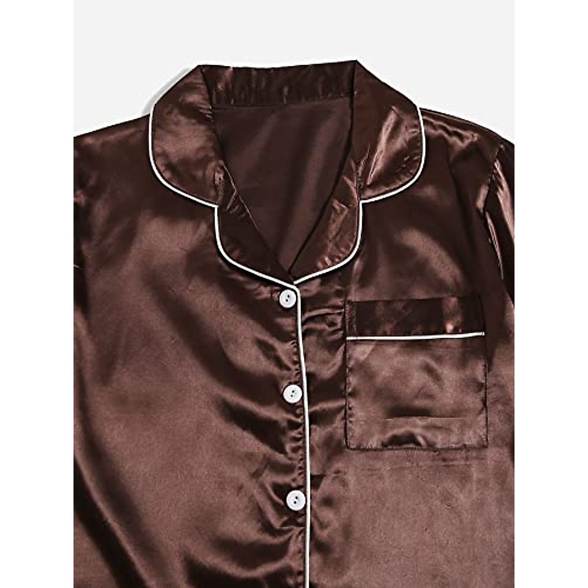 SOLY HUX Women's 3 Set Satin Pajama Set Short Sleeve V Neck Collar Button Down Shirt Top with Shorts Sleepwear Brown Yellow Multi S