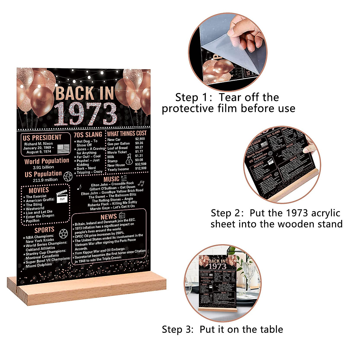 Trgowaul 50th Birthday Decorations Set: Includes Rose Gold Birthday Backdrop Banner 5.9 X 3.6 Fts, Rose Gold Back in 1973 Birthday Poster Acrylic Table Sign with Stand