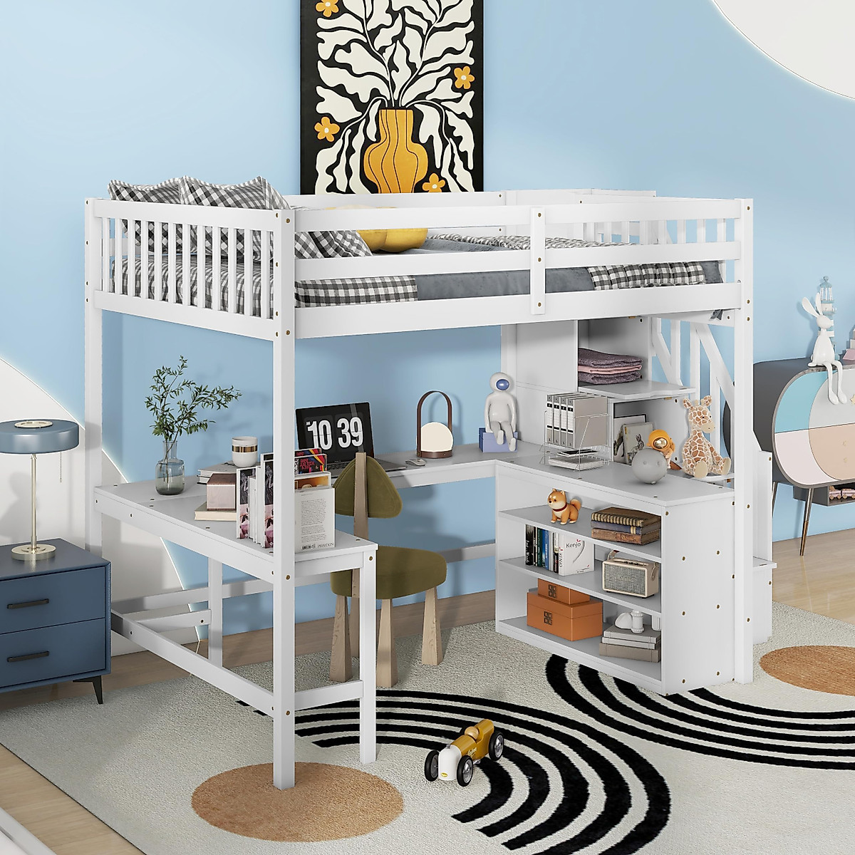 Full Size Loft Bed with Stairs and Desk, Wood Loft Beds with Storage Staircase, High Loft Bed Frame with Bookcase Shelves & L-Shape Desk for Kids, Teen, Boys, Girls, White