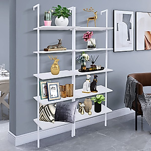 ANTSKU 5 Tier Wall Mounted Ladder Shelf, Ladder Bookshelf with Metal Frame and Wood Shelf, Modern Learning Bookcase for Living Room, Bedroom, Office (23.6" W x 11.8" D x 70.8" H, White)