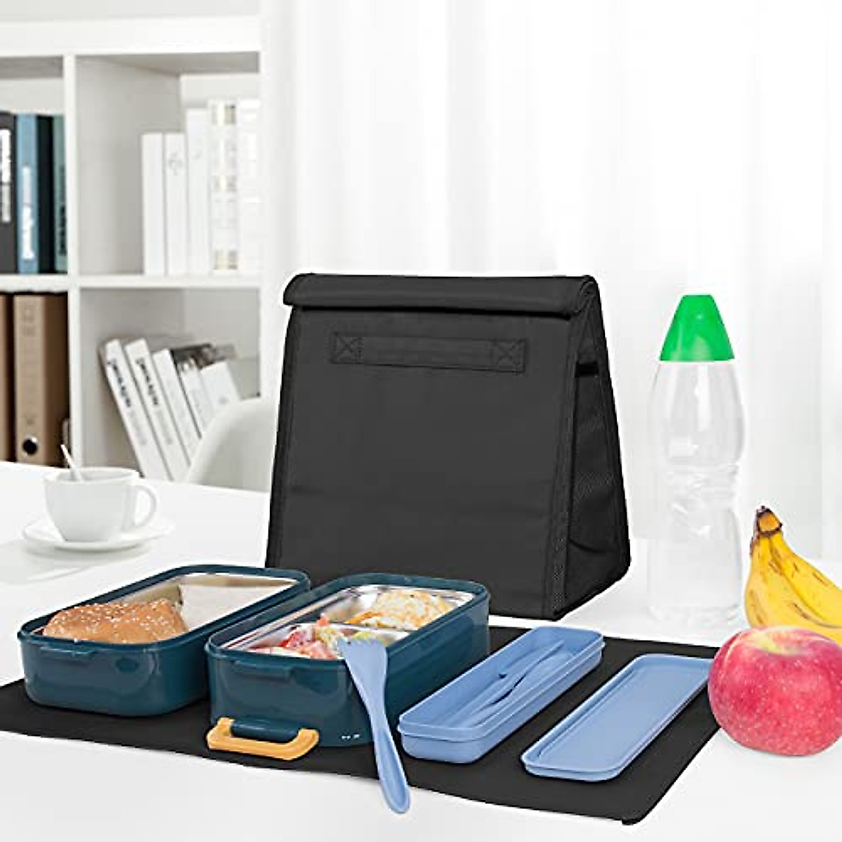 Reusable Lunch Sack Bag with Extra Storage Pockets, Knife, fork, spoon and Washable Napkin, Large Capacity Foldable Insulated Lunch Bag Tote for for Men, Women, Office, School,Picnic, Hiking (Black)