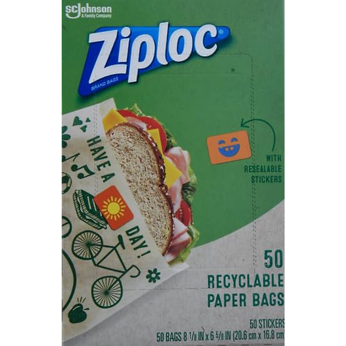 Ziploc Paper Sandwich and Snack Bags, Recyclable & Sealable with Fun Designs, 50 Bags Total